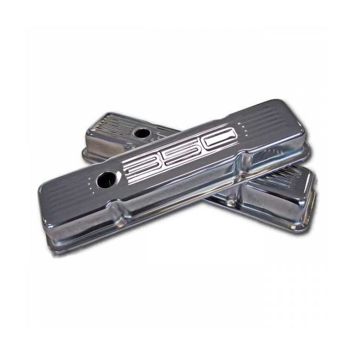 Tall Chrome Steel "350" Logo Valve Cover (Baffled)